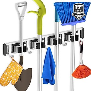reliahom Broom Holder Mop Hanger Wall Mount Metal Organization Garage Storage System Garden Kitchen Tool Organizer (4 Racks with 5 Hooks, Black)