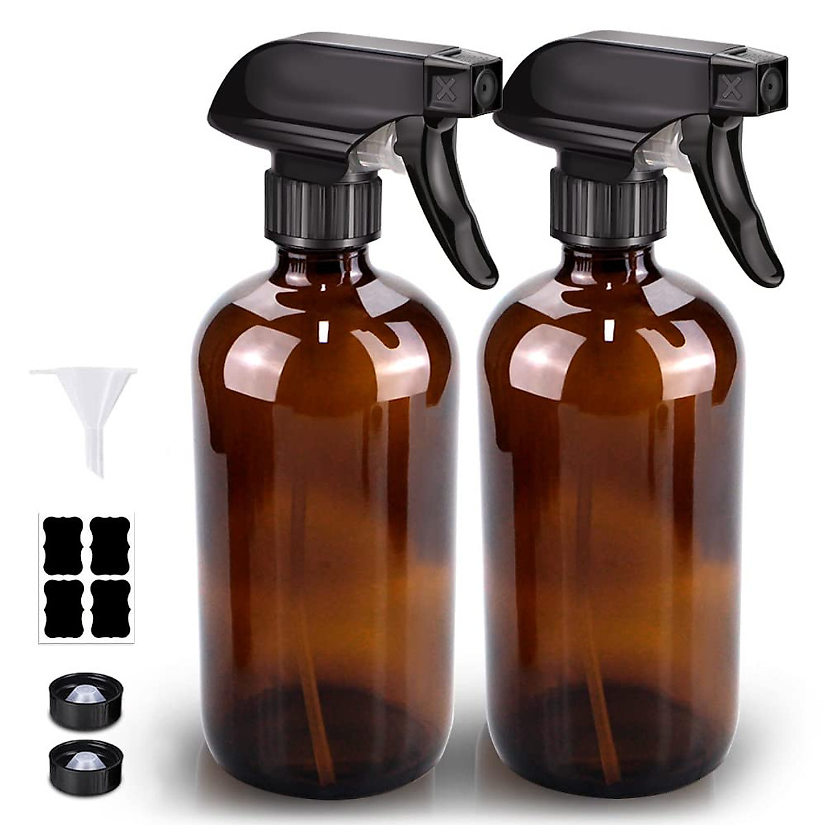 Bontip Glass Spray Bottle, Amber Glass Spray Bottle Set & Accessories for Non-toxic Window Cleaners Aromatherapy Facial Hydration Watering Flowers Hair Care (2 Pack/16 oz) (Amber)