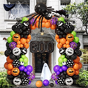 Grcypa Halloween Balloon Garland Arch kit with Spider Balloons Black Orange Purple Fruit Green Confetti Balloons BOO Foil Motifs Balloons for Halloween Theme Birthday Party Backdrops Decorations