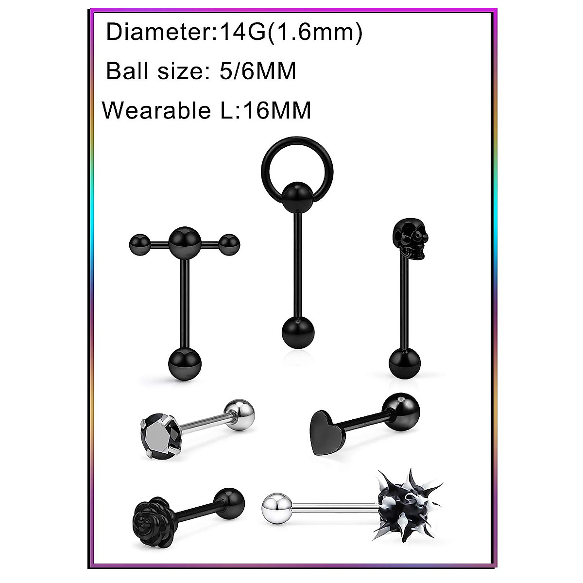 Prjndjw 14G Tongue Rings Skull Tongue Rings Flower/Door Knocker/Silicone Soft Spike Ball/Heart/Cubic Zircon/Double Barbell Wiht Slave Tongue Rings for Women men Body Piercing Jewelry