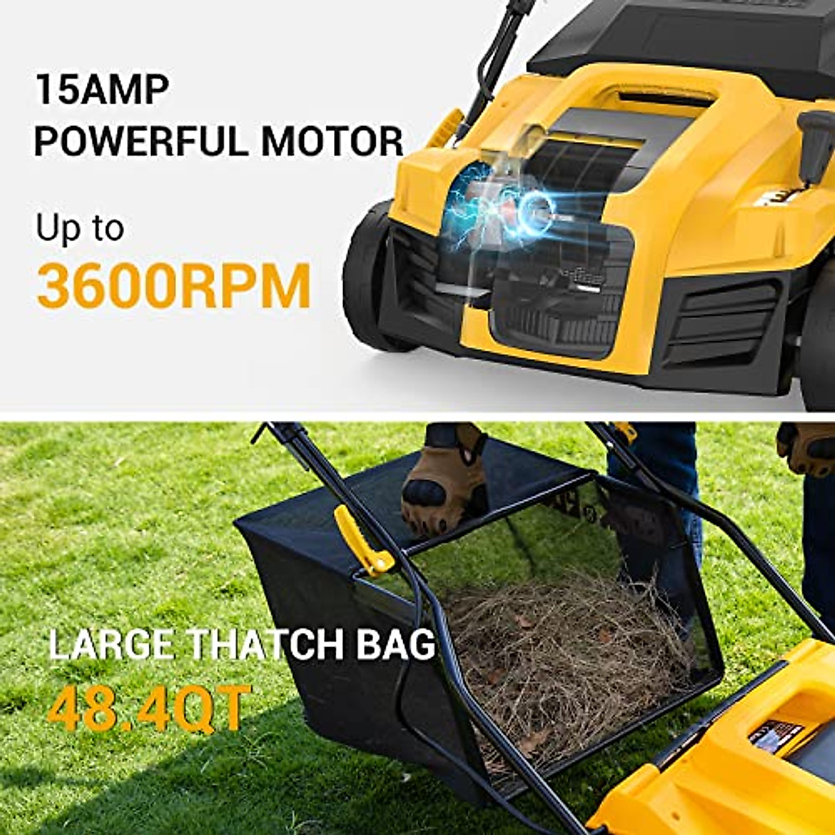 Rock&Rocker 2-in-1 16INCH Dethatcher Scarifier, 15 Amp Electric Lawn Dethatcher, 5 Working Depth Adjust, 48.4QT Removable Collection Bag, for Lawn Health, Yellow (REDM16A)