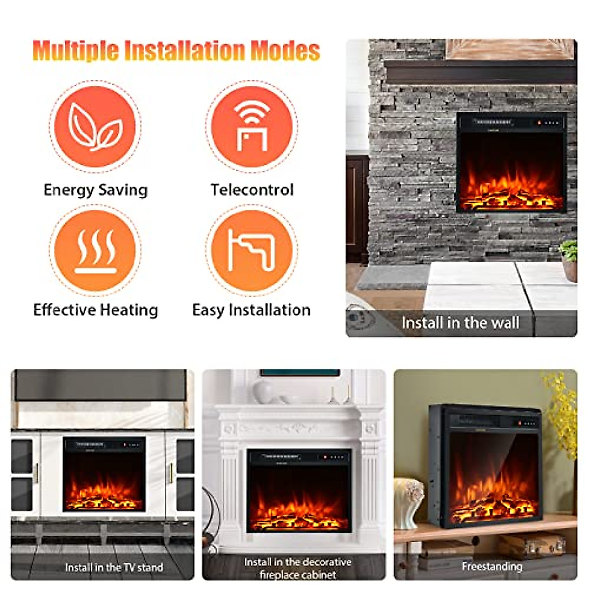 Tangkula 18 Inch Recessed Electric Fireplace Insert, 1500W Freestanding Fireplace Stove Heater W/Adjustable Flame Effect & Temperature, Built-in Thermostat, Timing Function, Remote Control