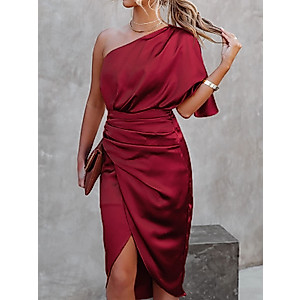 CUPSHE Women Satin Cocktail Party Dress Backless One Shoulder Flared Sleeves Tea Length Anomalistic Hem Solid Bodycon Dress with Zipper Burgundy Red M
