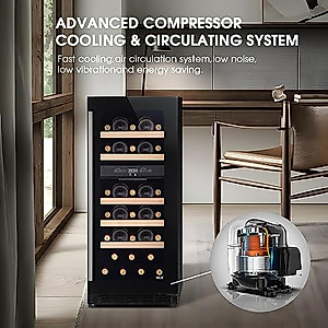 HCK Wine Fridge Dual Zone, Wine Cooler Refrigerator 15 Inch, 29 Bottle, Built-In or Freestanding Under Counter Wine Fridge with LED Light for Wine, Champagne, Home, Kitchen, Office