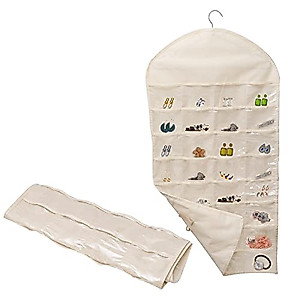 Foraineam 4 Pcs Hanging Jewelry Organizer, 32 Pockets 18 Hook and Loops Double Sided Jewelry Display Storage Bag, Travel Jewelry Organizer Holder for Necklace Bracelet Earring Ring Chain Knitting Tool