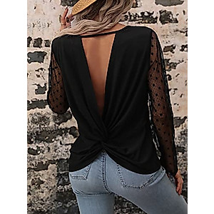 WDIRARA Women's V Neck Polka Dots Sheer Mehs Long Sleeve Twist Backless Sexy Top Black M