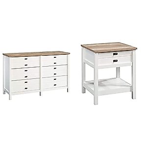 Sauder Cottage Road Dresser, L: 56.77" x W: 19.29" x H: 35.35", Soft White Finish & Sauder Cottage Road Night Stand, Soft White Finish