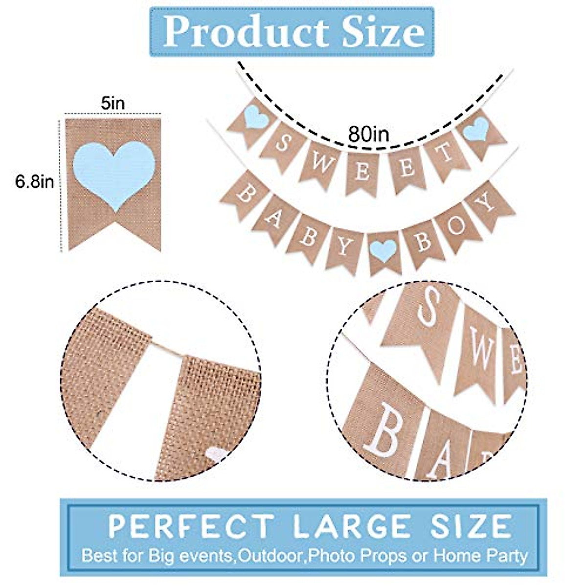 Sweet Baby Boy Burlap Banner - Sweet Baby Boy Shower Decorations, Rustic Baby Shower Decorations, Photo Decoration Props (Sweet Baby Boy Blue)