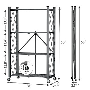 Yuanjimi 4 Tier Foldable Storage Shelf with Wheels, Heavy Duty Garage Shelving Unit Loads 600 LBS, Metal Steel Collapsible Shelves, Rolling Standing Utility Rack for Kitchen, Pantry, Office, Dark Grey
