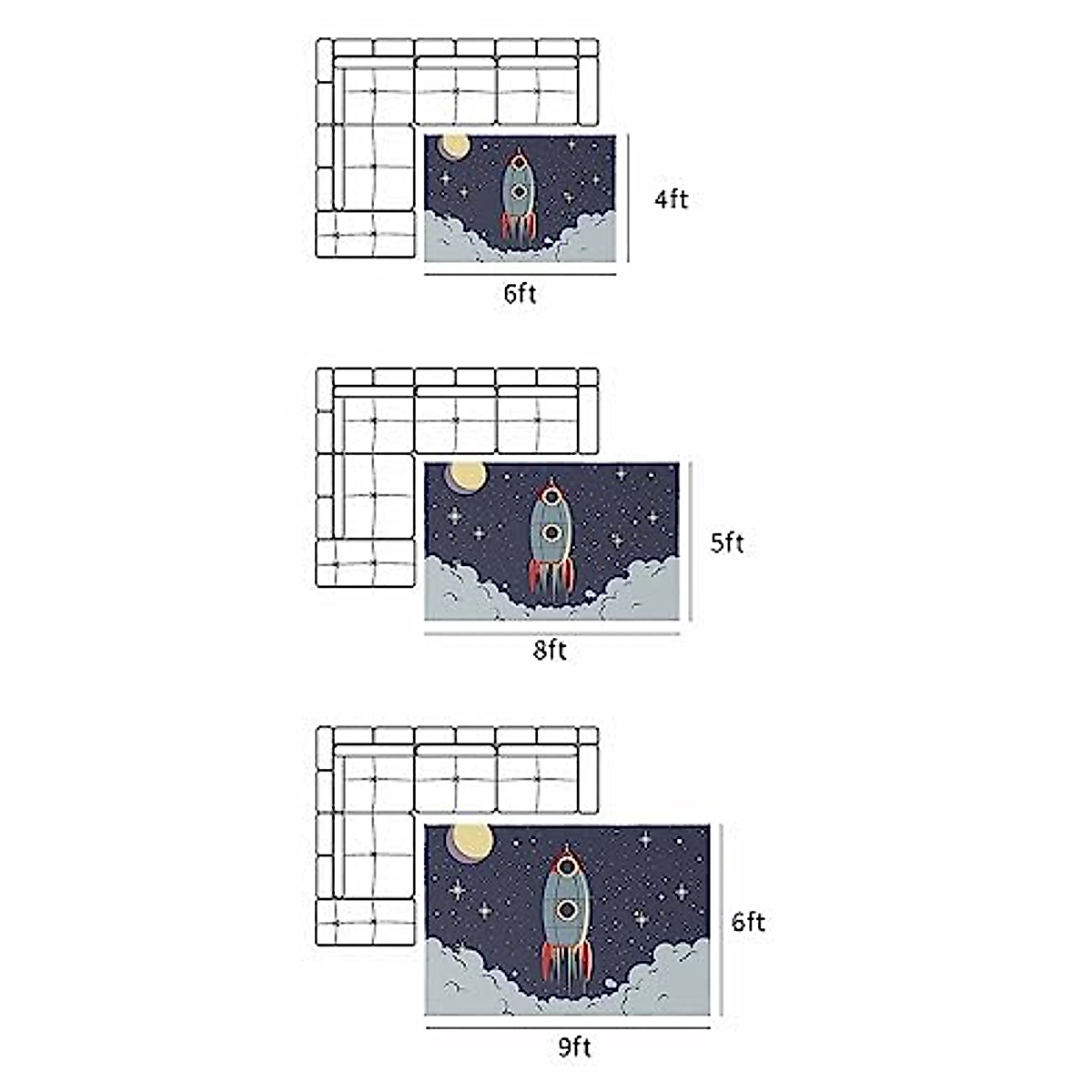 CHARMHOME Indoor Outdoor Rugs 5'x8' - Waterproof Patio Rug Camping Rug for Porch Deck Backyard Patio - Space Theme Cute Cartoon Rocket Moon and Stars Pattern Area Rug Easy Clean