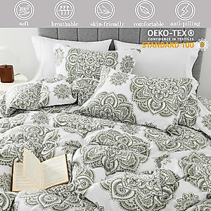 CozyQQ Cotton Duvet Cover Queen - 100% Cotton 400TC Soft Prewashed Light Green Summer Queen Duvet Cover Set with Zipper, 3 Pcs Floral Damask Paisley Queen Bedding Set (90x90, No Comforter)