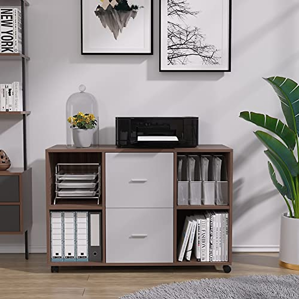WILLIAMSPACE File Cabinet for Home Office，Filling Cabinets with 2 Drawer & 4 Open Shelves, Printer Stand with Storage Cabinet, Lateral Filling Cabinets on Wheels/Scanner (2 Drawer,Walnut + Grey)