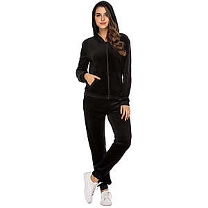HOTOUCH Womens Velour Two Piece Outfits Active Hoodies Outfits Sports Wear Jogging Track_Suit Black, X-Large