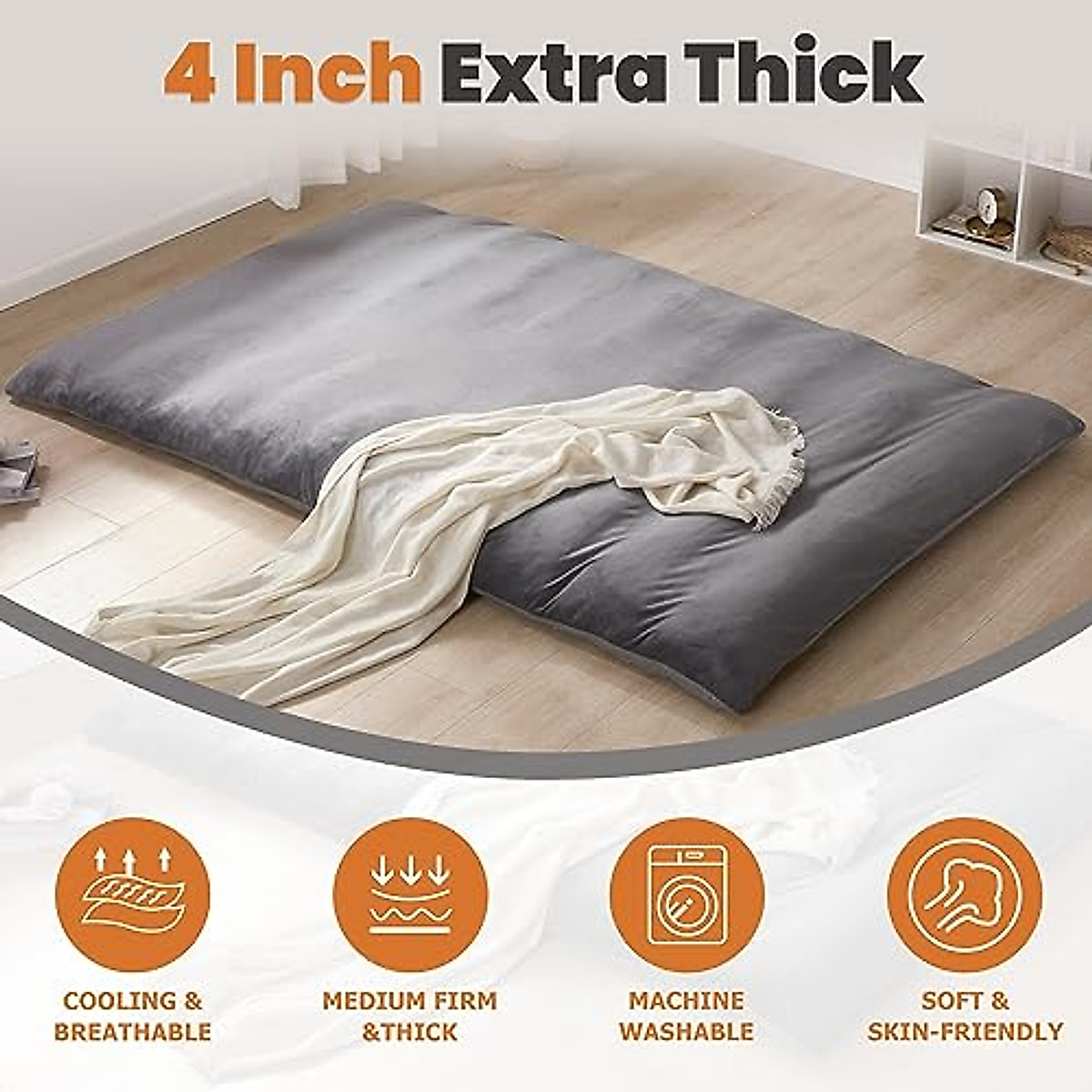 SINWEEK 4 inch Japanese Futon Mattress Foldable Floor Couch Tatami Mat for Adults, Guest Sleeping Pad, and Camping Bed