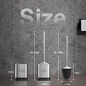 Sellemer Toilet Brush and Holder Set for Bathroom, Flexible Toilet Bowl Brush Head with Silicone Bristles, Compact Size for Storage and Organization, Ventilation Slots Base (Silver)