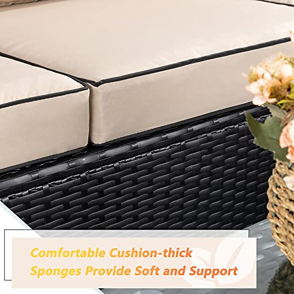 JAMFLY 3-Piece Outdoor Patio Furniture Sofa Set, All-Weather Black Rattan Furniture Sets with Tea Table and Cushions, Wicker Sectional Couch for Backyard, Balcony, Porch or Deck Khaki Black