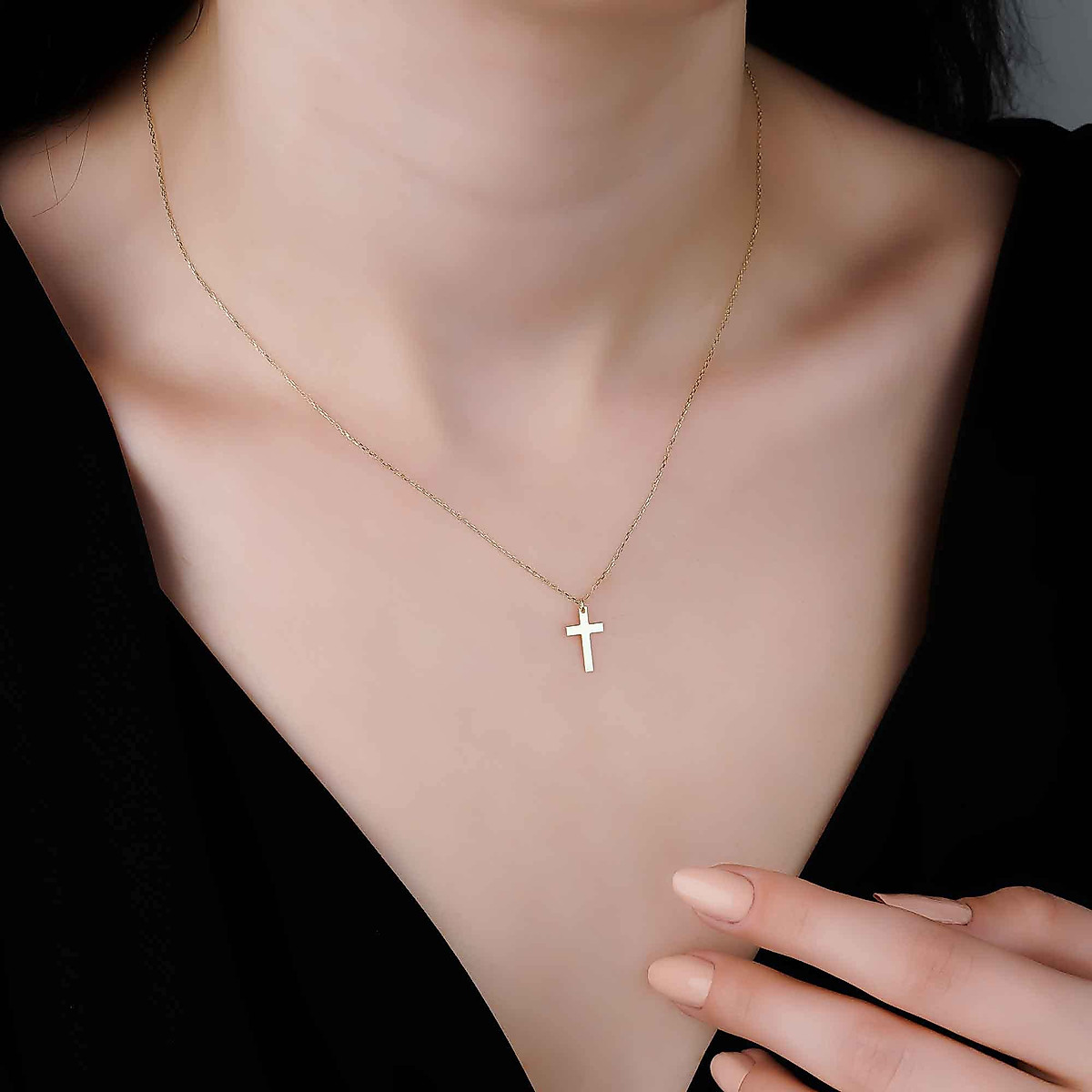 jewelryist 14k Solid Gold Cross Necklace for Women | 18" Necklace Length | 0.80mm Adjustable Rolo Chain