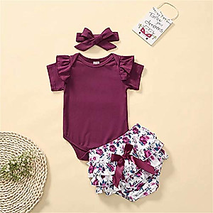 CETEPY Baby Girl Clothes Newborn Summer Outfits Infant 3Pcs Floral Pants + Short Ruffle Romper Playsuit + Headband Wine Red 0-3 Months 70cm