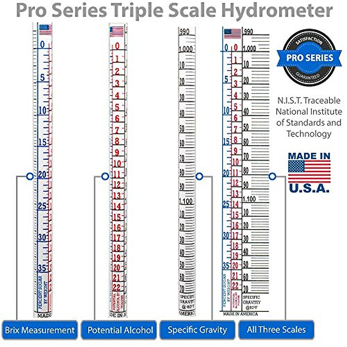 Brewing America American-Made Specific Gravity Hydrometer Alcohol ABV Tester - Pro Series Fermentation Testing Homebrew: Beer, Wine, Cider, Mead - Triple Scale Hydrometer