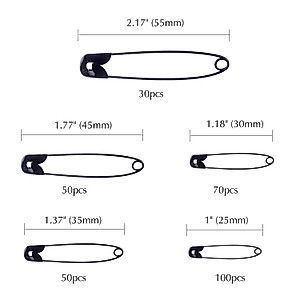 TUPARKA 5 Sizes Black Safety Pins Assorted 25-55mm Small and Large Safety Pins for Art Craft Sewing Jewelry Making in a PP Box (300 pcs)