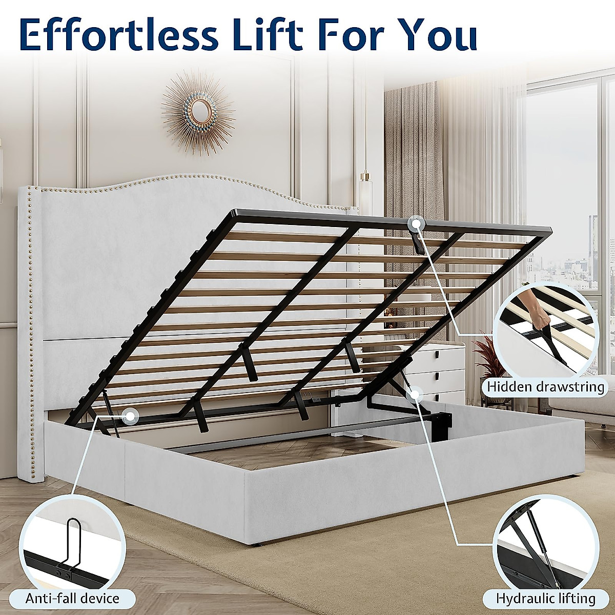 Jocisland Lift Up Storage Bed King Size, Upholstered Platform Bed Frame Tall Headboard with Wingback, Hydraulic Lifting Underneath/Wood Slats Support (White)