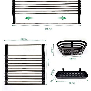 DMJWAN Roll Up Dish Drying Rack,Foldable Sink Rack with 2 Storage Baskets, Rollup & Stretchable,SUS304 Stainless Steel , for Kitchen Dishes,（Expandable Size22.8" X 12.7"）