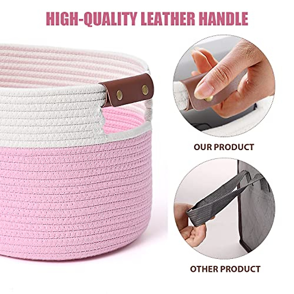 ECDYQXVU 1 Pack Cotton Rope Storage Baskets,15x10x9in,Collapsible Storage Bins, Decorative Woven Basket Cube Storage Organizer for Laundry, Towel, Clothes, Cosmetics, Books(White/Pink)