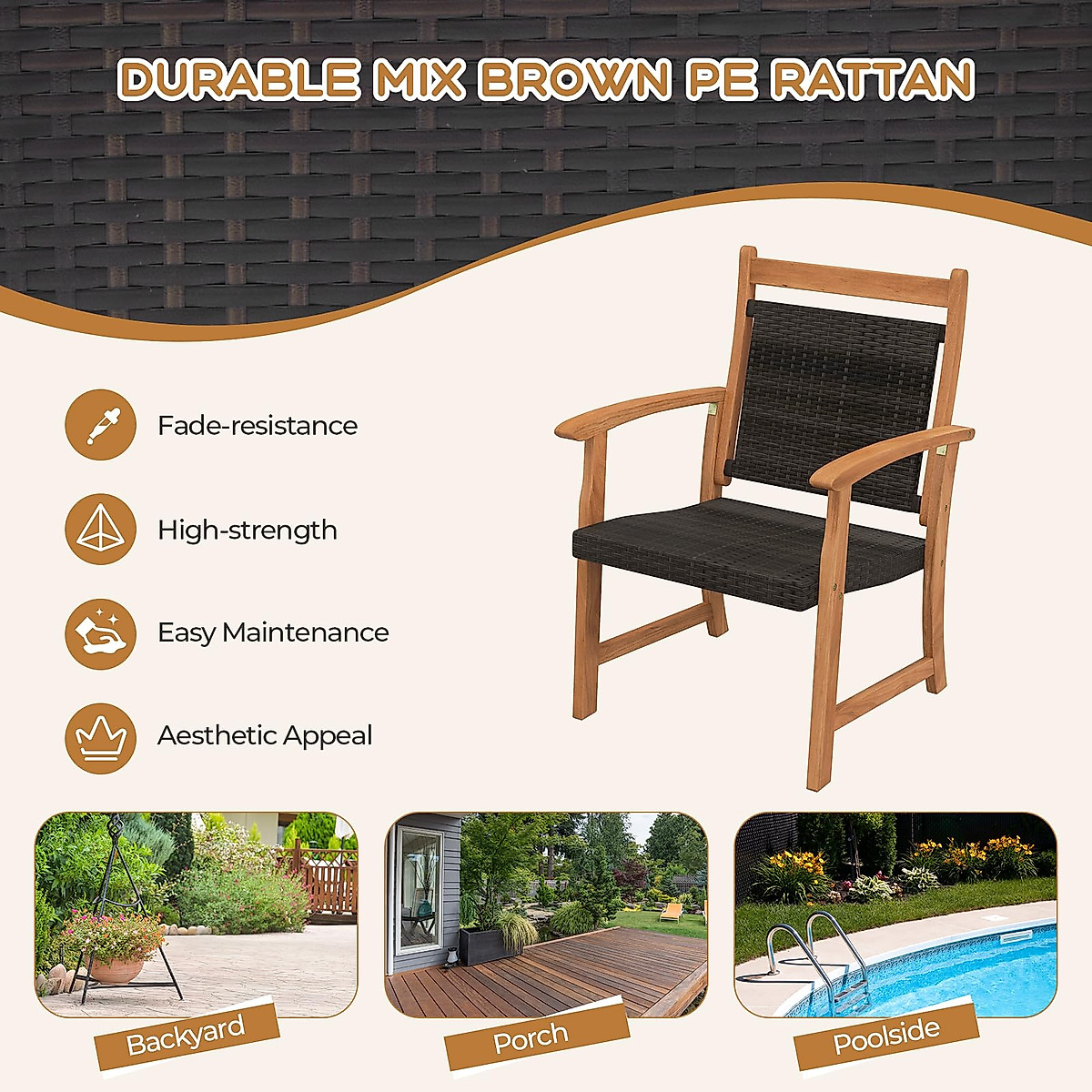 HAPPYGRILL 3 Pieces Rattan Wood Bistro Set, Patio Wicker Chairs Set with Acacia Wood Side Table, Outdoor Sofa Furniture Set for Yard Garden Porch Poolside