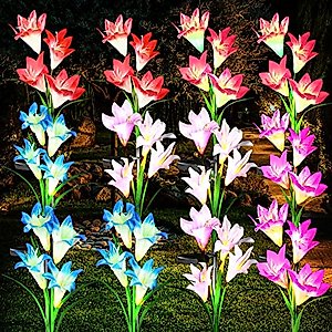 12 Pack Solar Outdoor Lights with 48 Lily Flowers Solar Powered Outdoor Flower Lights Waterproof 7 Color Change LED Flower Lights Realistic Garden Decorative Stake Light for Garden Yard Lawn Patio