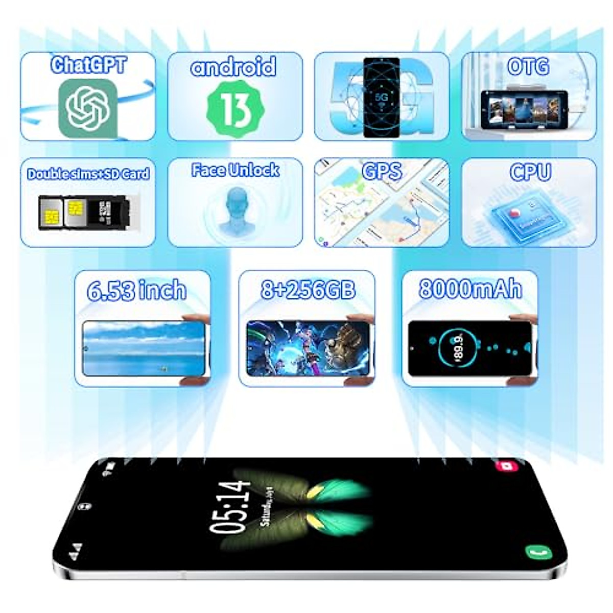 VSMOX 2023 Upgrade Mobile Phones S30Ultra, Mobile Phone 8GB 256GB/128GB, 8000mAh, Android 13, 6.53in HD, 108MP 50MP, 3 Cards Slots, 5G Dual Sim Free Unlocked,White-8GB~256GB