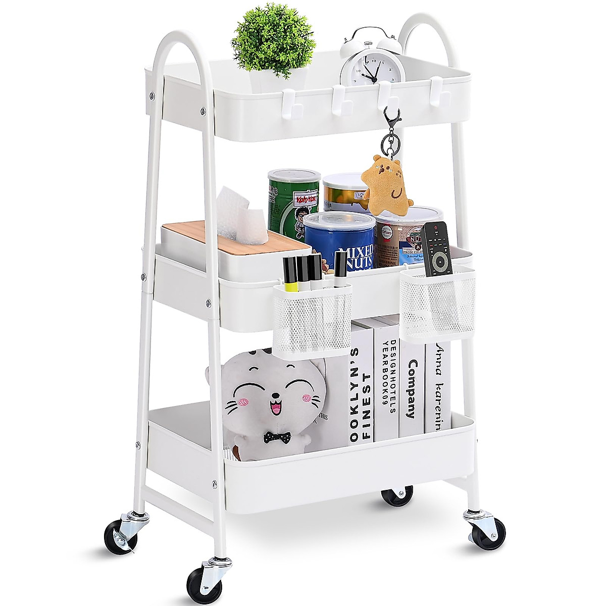 KINGRACK 3-Tier Rolling Cart, Metal Rolling Storage Cart with Handle and Lockable Wheels, 2 Hanging Baskets & 4 Hooks, Utility Cart for Kitchen, Bathroom, Office, White