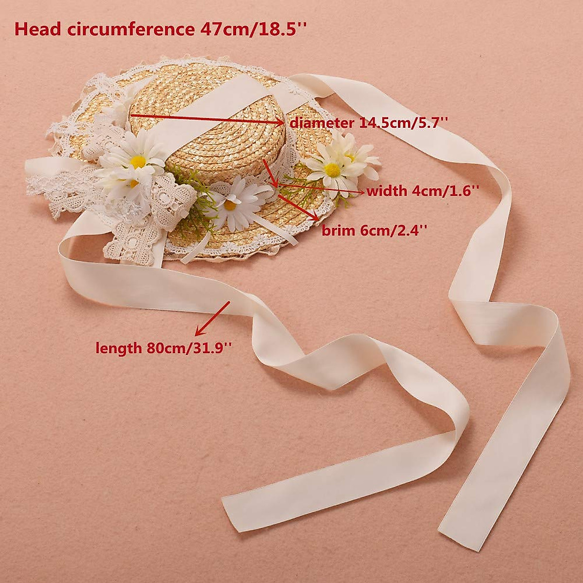 COSDREAMER Girls Women Tea Party Sun Hat Lace Ribbons Straw Hats (White)