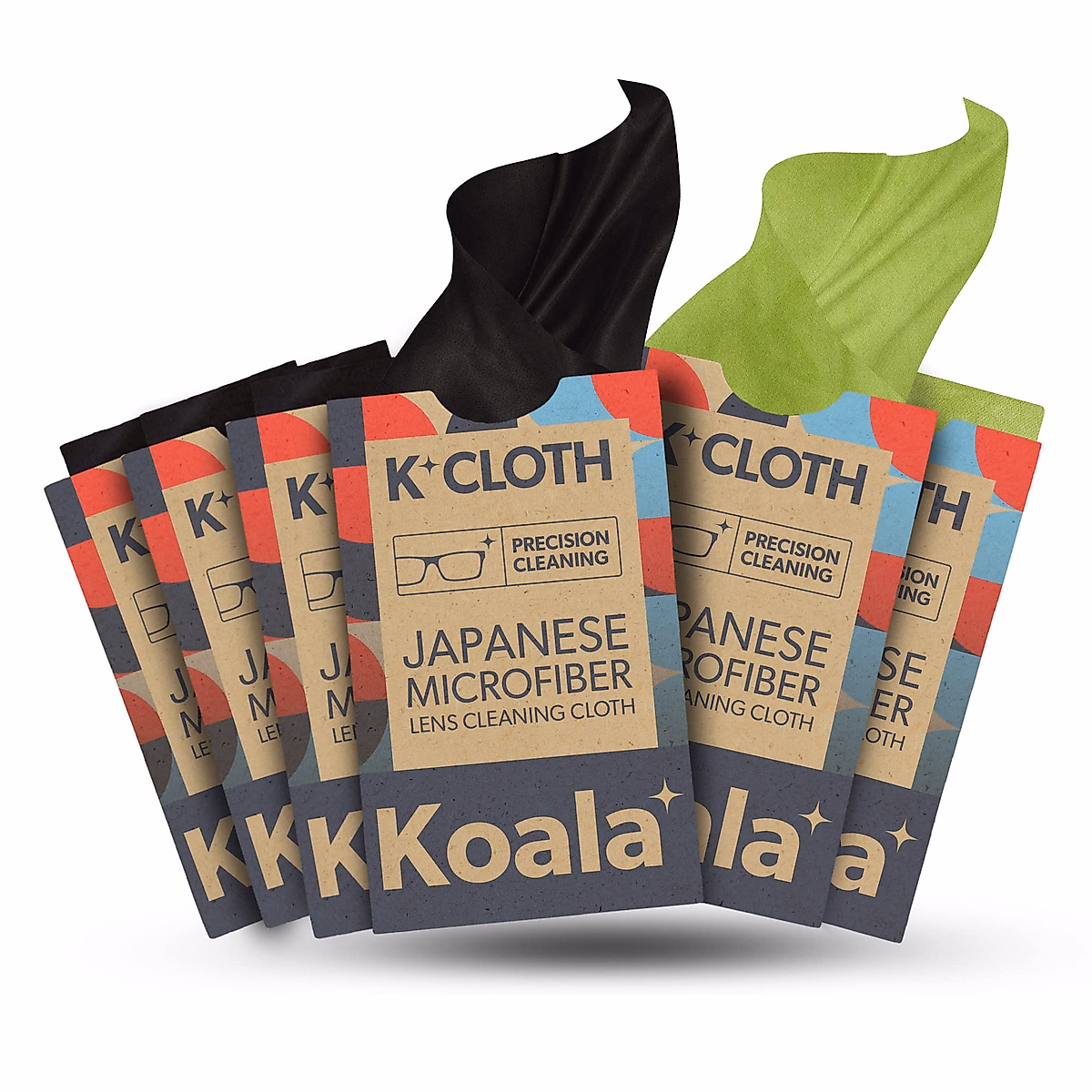 Koala Lens Cleaning Cloth | Japanese Microfiber | Glasses Cleaning Cloths | Eyeglass Lens Cleaner | Eyeglasses, Camera Lens, VR/AR Headset, and Screen Cleaning | Black & Green (Pack of 6)