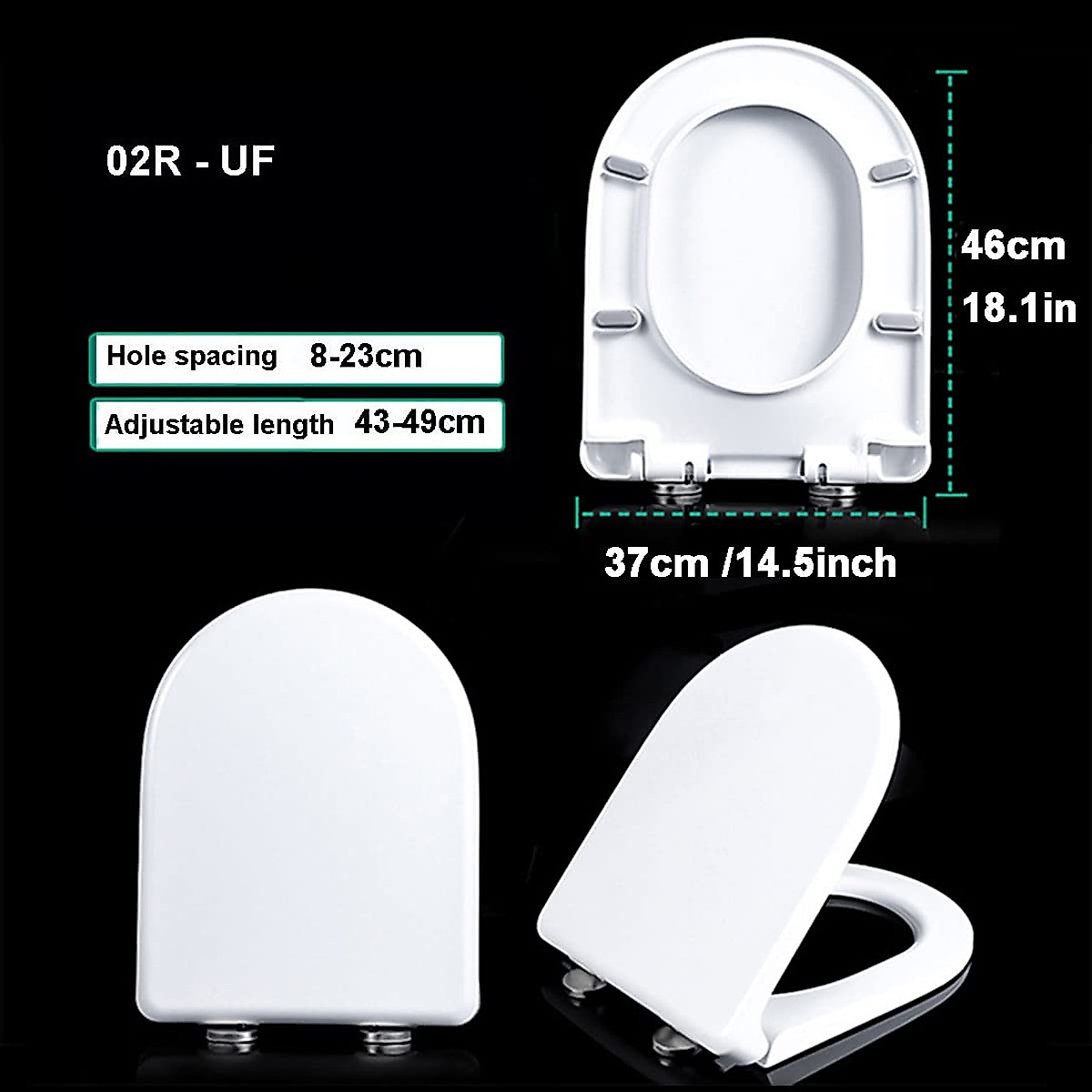 Toilet Seat D Shape Soft Close Toilet Seats Quick Release Easy Clean Toilet Seat Replacement with Non-Slip Bumpers for Bathroom White, 370 * 460mm,02R (02R)
