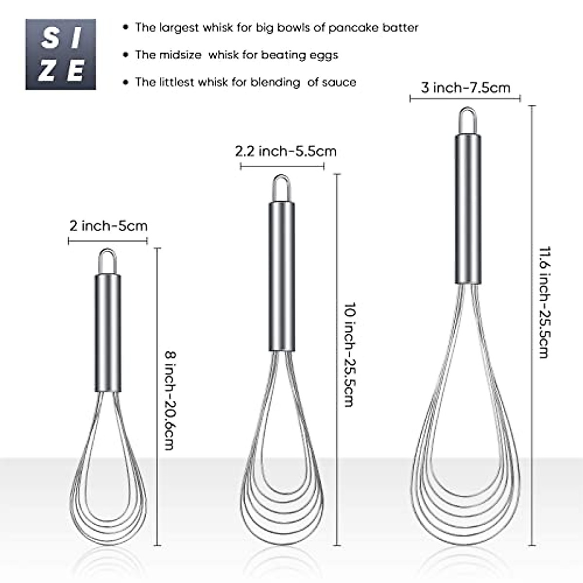 3 Pieces Stainless Steel Kitchen Flat Whisk Set 8 Inch, 10 Inch and 11.6 Inch Stainless Steel Flat Wire Egg Utensils Whisk 6 Wires Egg Mixing Whisk for Cooking Blending Whisking Beating Stirring