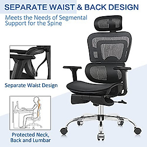 Ergonomic Office Chair with Foot Rest,Home Desk Chair Breathable Mesh, Lumbar Support Computer Chair with Flip-up Arms, Swivel Task Chair, Adjustable Height Gaming Chair Black