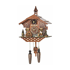 Trenkle Quartz Cuckoo Clock Black Forest House with Moving Wood Chopper and Mill Wheel, with Music TU 4217 QM