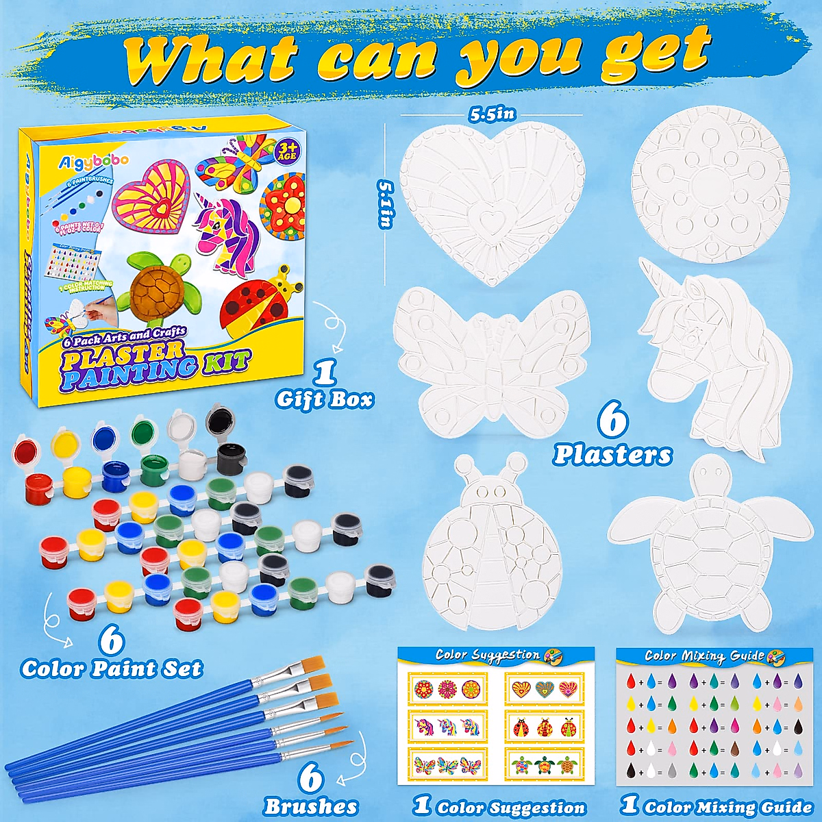 Aigybobo Kids Arts and Crafts Painting Kit, 6 Pack White Plaster Stones for Girls Ages 4-8, 8-12, DIY Creativity Art Supplies, Christmas Easter Birthday Gifts