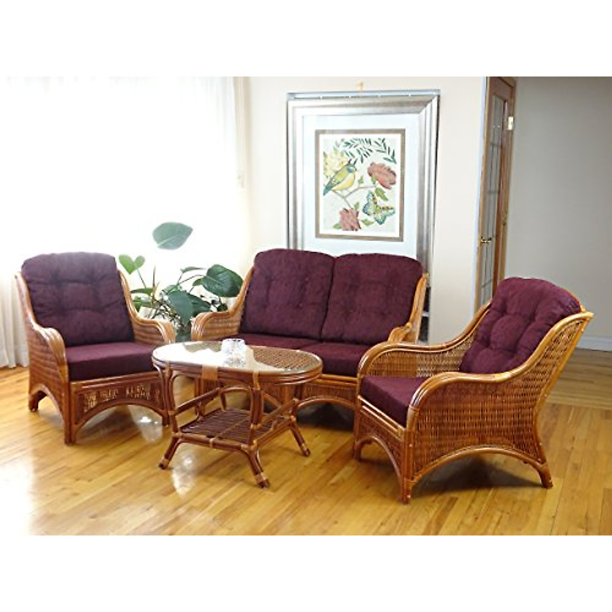 Jam Living Set of 2 Lounge Natural Rattan Chairs Loveseat with Dark Brown Cushions and Coffee Table w/Glass Handmade Design, Cognac