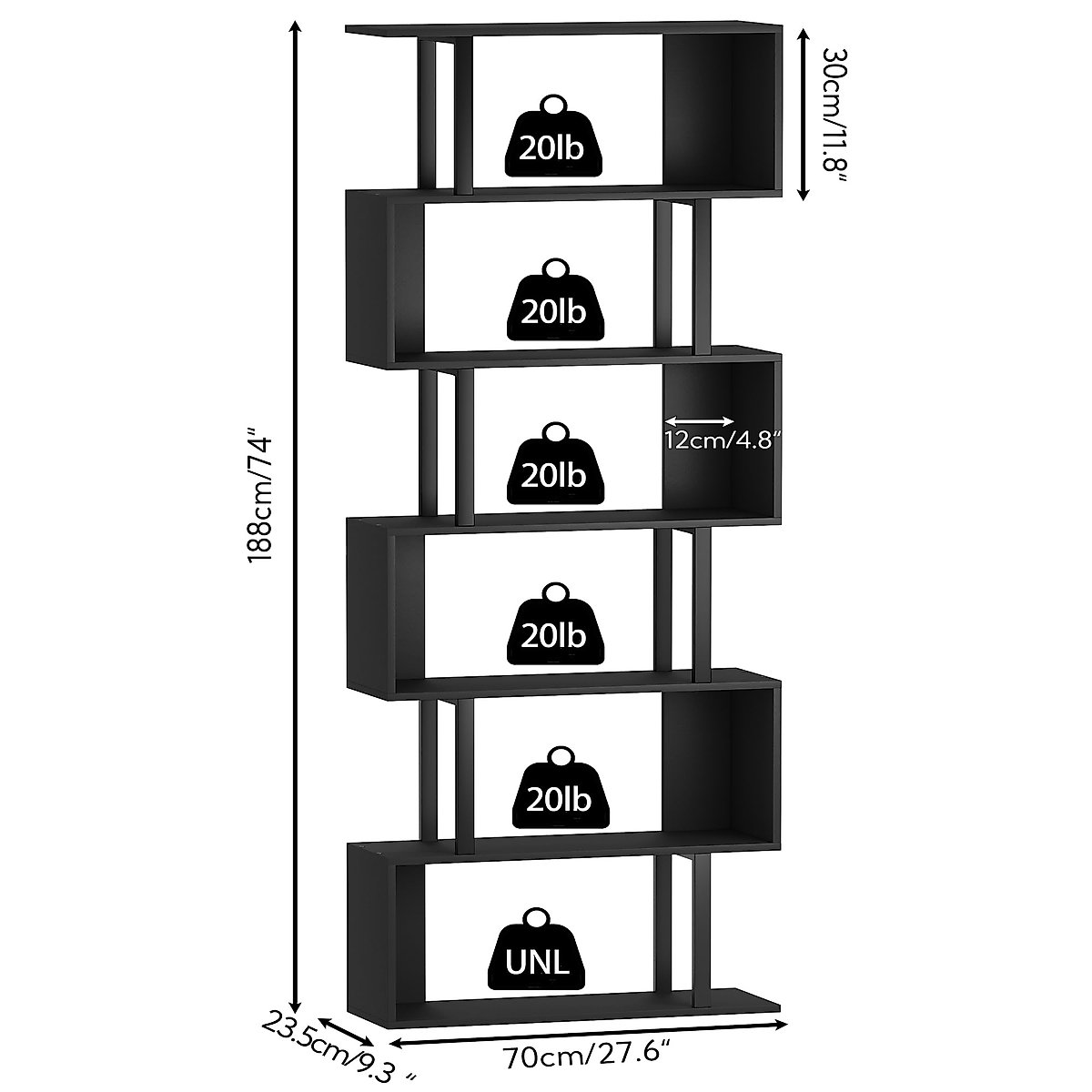 Yusong S Shaped Bookshelf, Modern Geometric Bookcase, 6-Tier Black Display Case Book Shelf