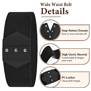WHIPPY Women Wide Elastic Belts for Dress Snap-Button Stretch Corset Belt Ladies Stretchy Waistband Black Silver Buckle S