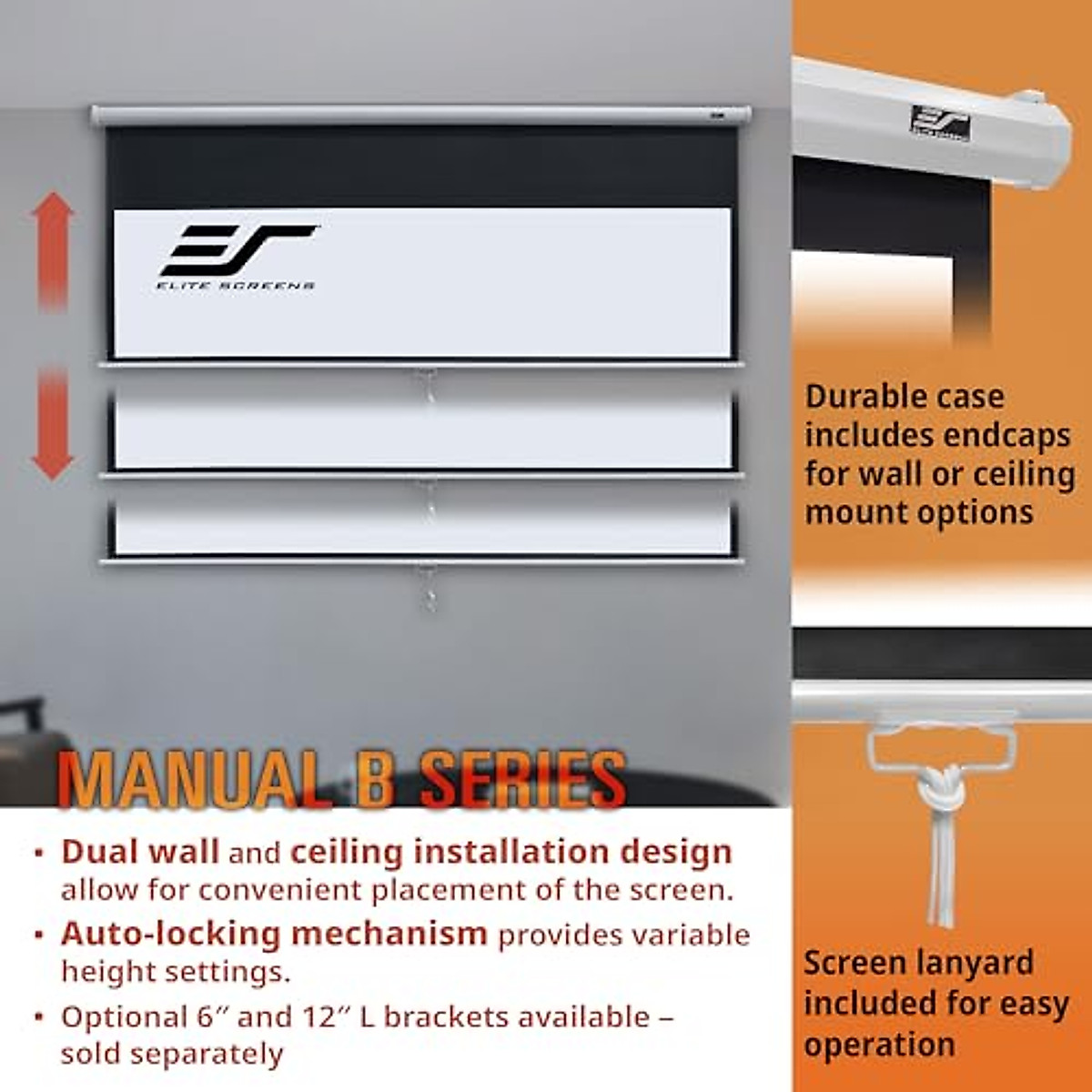 Elite Screens Manual B, 100-INCH Manual Pull Down Projector Screen Diagonal 16:9 Diag 4K 8K 3D Ultra HDR HD Ready Home Theater Movie Office Presentation, M100H