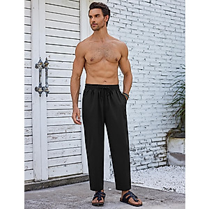 COOFANDY Mens Linen Pants Casual Drawstring Trousers Lightweight Yoga Beach Hippie Summer Pants Black