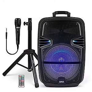 QFX PBX-616SM 15" Bluetooth Rechargeable Speaker with LED Lights, Mic and Stand