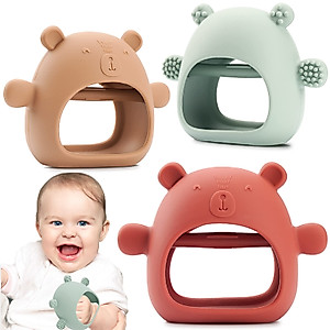 Teething Toys for Babies Over 3 Months Anti-Drop Cute Bear Teething Mitten Wrist Hand Teether Chew Toys for Infants Sucking Needs, Baby Teething Relief BPA-Free, 3 Pack
