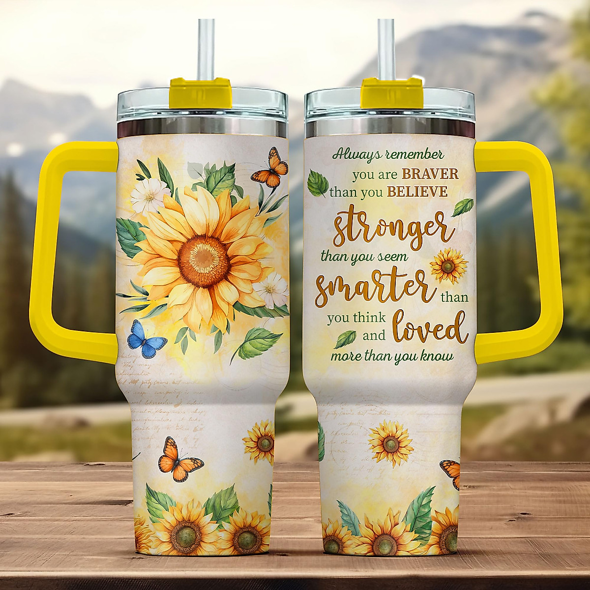 99OWL Yellow Women Flower Tumblers For Coffee Cups Floral Handle Butterfly, Tumbler 40 Oz With Handle Lid And Straw, Sunflower Inspirational, Sunflower Gifts