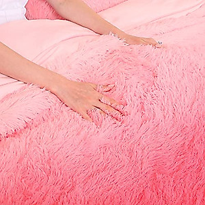 greenoak Duvet Cover Queen Size, Fluffy Luxury Plush Shaggy Duvet Cover Sets Velvet Bedding (1 Faux Fur Duvet Cover + 2 Pillowcases) Comforter Bed Sets 3 Pieces, Zipper Closure (Gradient Pink)