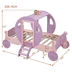 Twin Size Princess Carriage Bed Frame for Boys Girls Kids Toddler with Crown, Wood Platform Car Bed with Stair, Purple+Pink