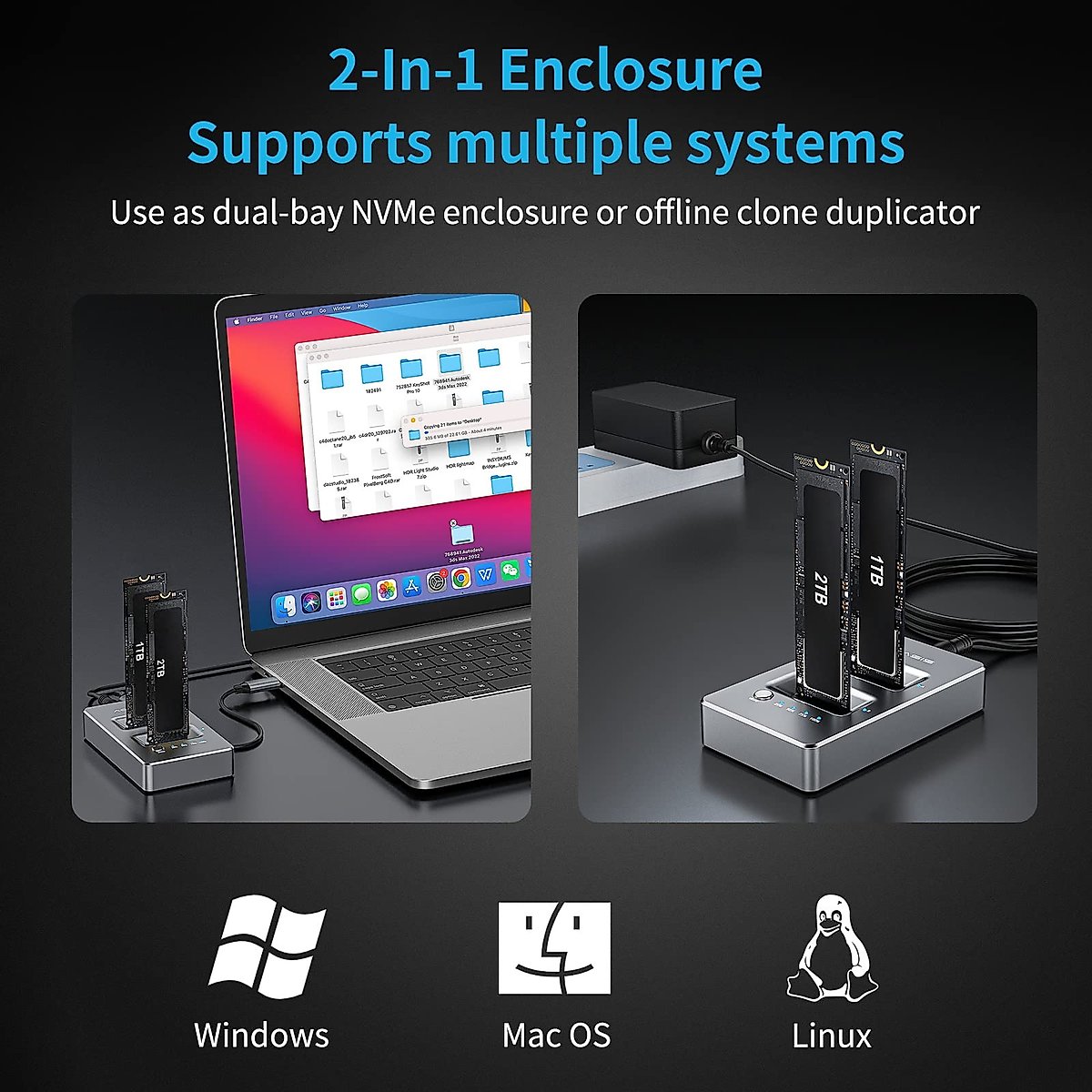 ACASIS NVMe M.2 Duplicator Dual-Bay Offline Clone USB C to NVME Docking Station for M2 SSD M Key Hard Drives Enclosure (Dual-Bay)