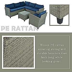 EMKK Outdoor Patio Furniture Conversation Set 5 Pieces All Weather PE Wicker Rattan Sectional Sofa Couch with Cushions and Glass Table for Lawn, Backyard, Garden, C-Blue